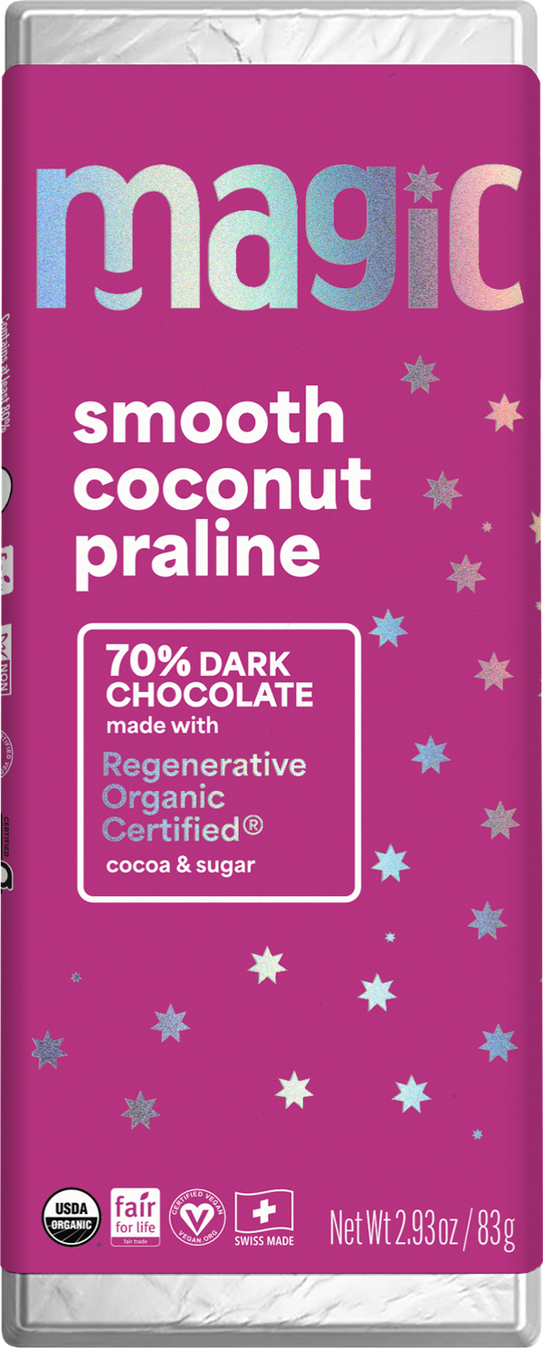 Smooth Coconut Praline 70% Dark Chocolate Bar - 6-pack – Magic Chocolate